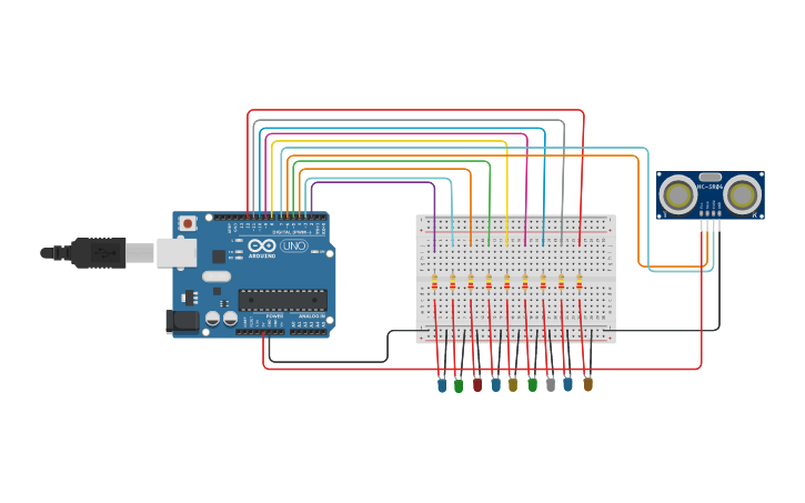 Circuit design Sensor ultrasonico con leds - Tinkercad