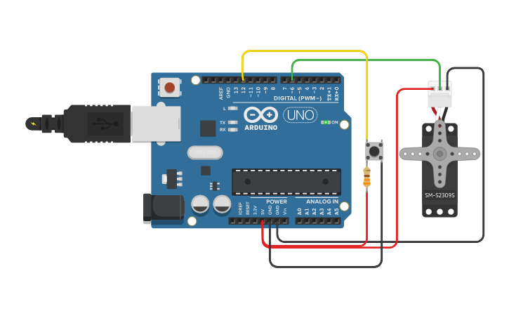 Circuit design paso a nivel con barrera activado por sensor - Tinkercad