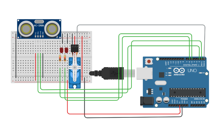 Circuit design 超音波感測控制伺服馬達 - Tinkercad