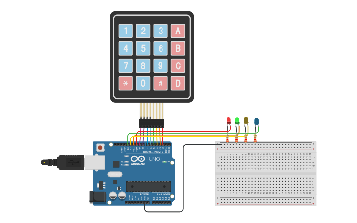 Circuit design keypad+LED with code - Tinkercad