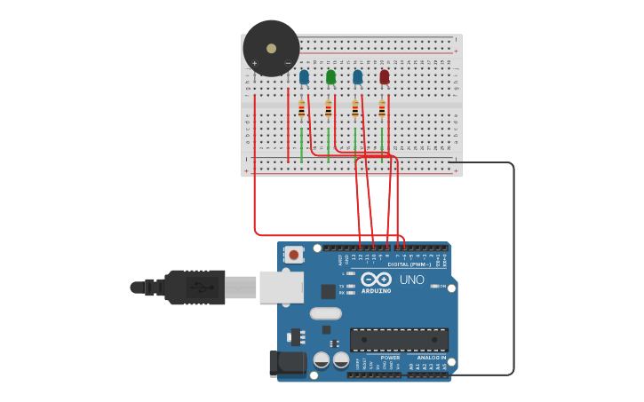 Circuit design secuencia de leds con buzzer - Tinkercad