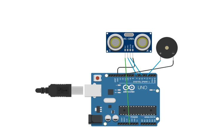 Circuit design ultrasonic sensor with buzzer - Tinkercad