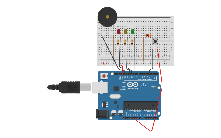 Circuit design Semáforo de peatones con pulsador y zumbador - Tinkercad