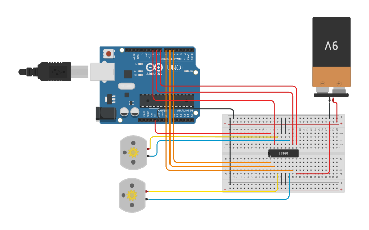 Circuit design Actividad 2.- Controlar 2 motores de corriente continua - Tinkercad