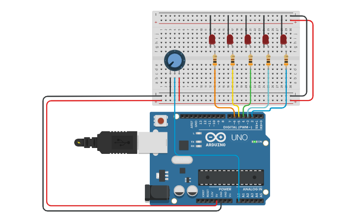 Circuit design Led e Potenziometro - Tinkercad
