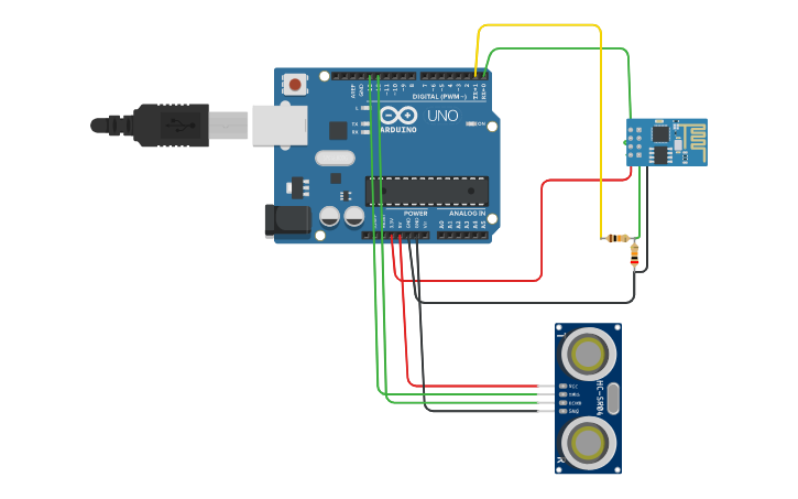 Circuit design sensor_jarak_to_thinkspeak | Tinkercad