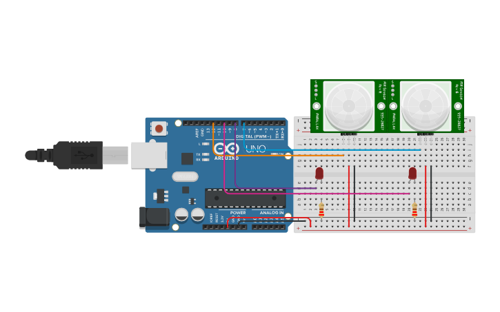 Circuit design 5.2.4.a.Using 2 PIR Sensors - Tinkercad