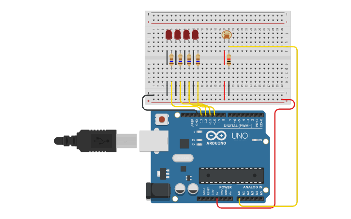 Circuit design Meter led e Sensore di Luminosità | Tinkercad