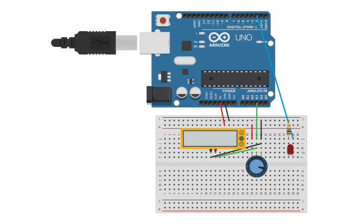 Circuit design 2.1.3 Rangkaian analog input potensio output serial dan led - Tinkercad