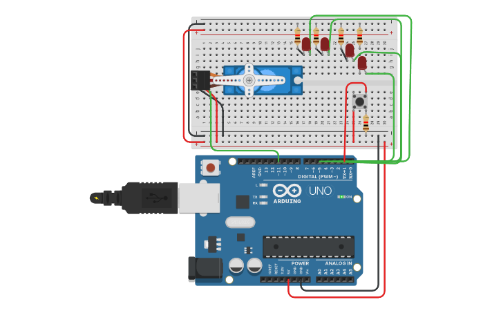 Circuit design SERVO MOTOR,PULSADOR,LEDS - Tinkercad
