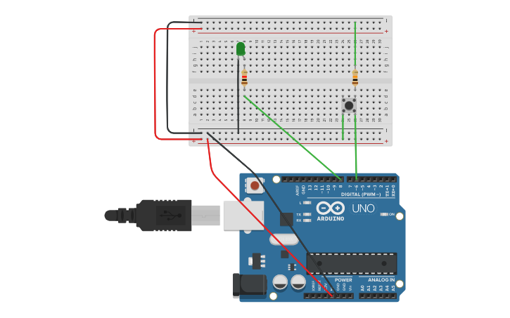 Circuit design bir buton bir led | Tinkercad
