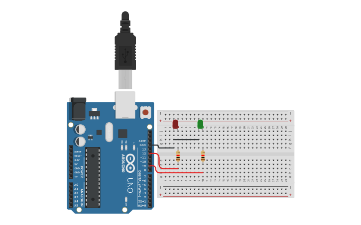 Circuit design Ejercicio 2: Arduino + 2 LED (Animatronic) - Tinkercad