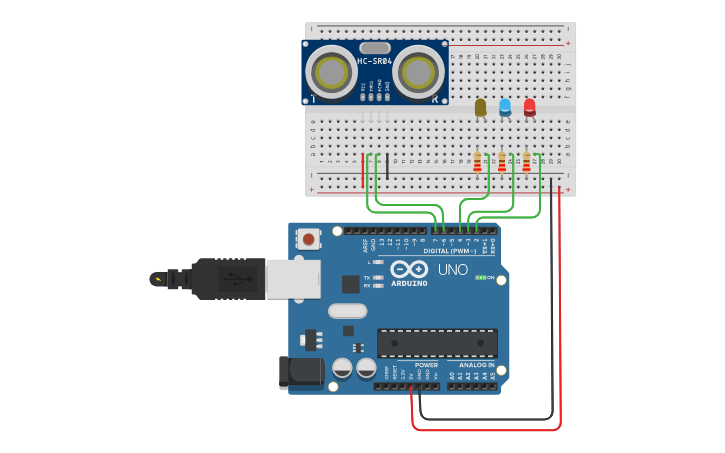 Circuit design Sensor de distancia - Tinkercad