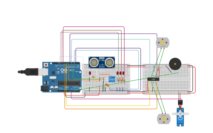 Circuit design sensor ultrasonico con motores,leds, buzzer y servoMotor ... Circuit design sensor ultrasonico con motores,leds, buzzer y servoMotor ...