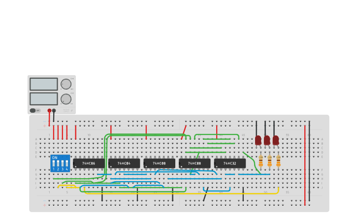 Circuit design 2-bit binary full adder without carry-in - Tinkercad