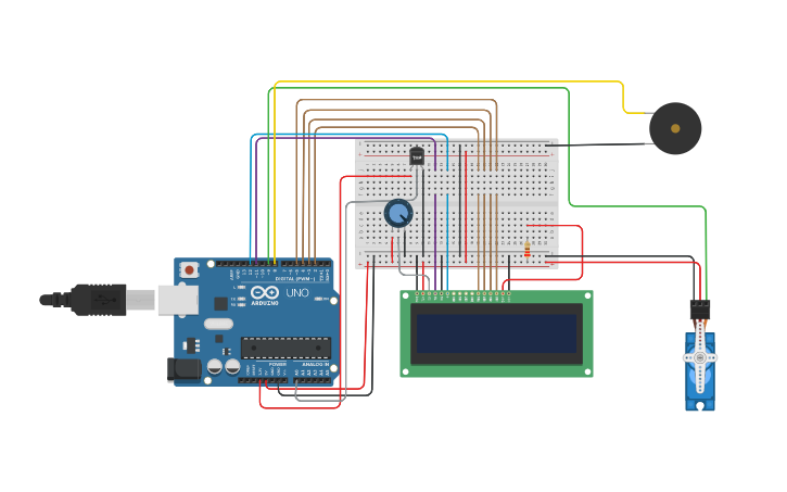 Circuit design Temperature to LCD | Tinkercad