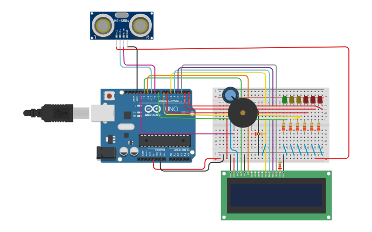Circuit design Sensor ultras+Buzzer+leds+LCD | Tinkercad