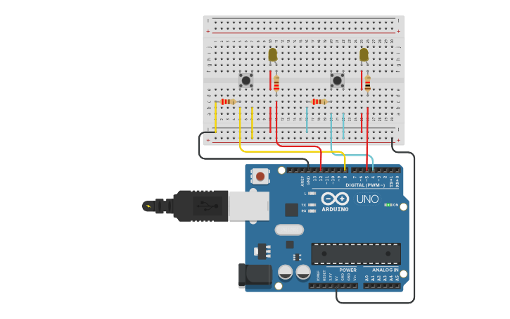 Circuit design Ejercicio 6 Pulsadores(pull down -pull up) | Tinkercad