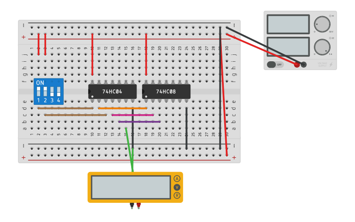 Circuit design 7404 + 7408 | Tinkercad