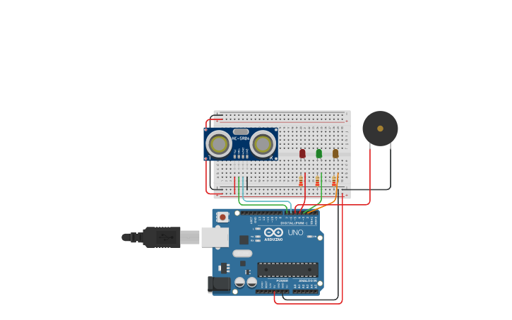 Circuit design Sensor de Distancia Ultrasónico con LED y Sonido | Tinkercad