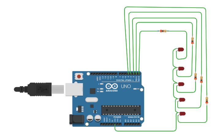 Circuit design Five LED Blinking Pattern by Sunil - Tinkercad