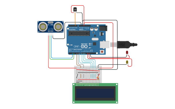Circuit design Project_7_HC-SR04_LM35_LED | Tinkercad