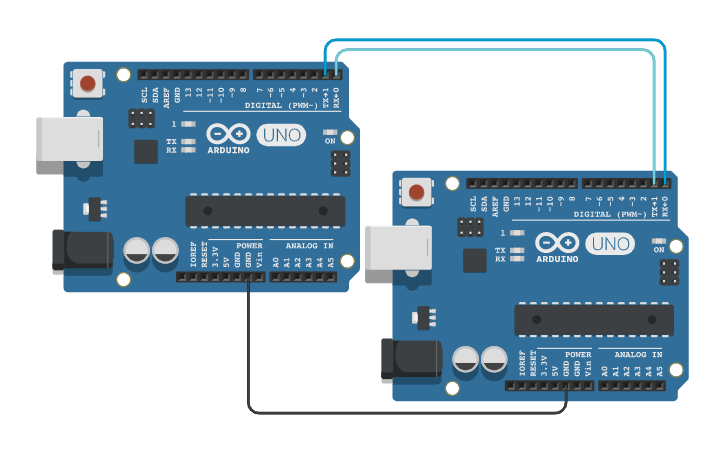 Circuit design Liaison serie 2 arduinos | Tinkercad