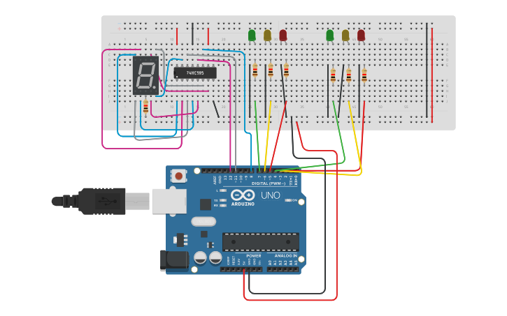Circuit design Luksofors ar skaititaju - Tinkercad