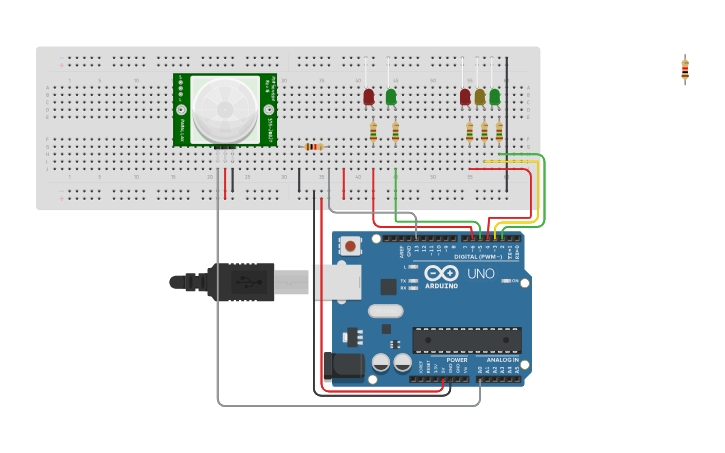 Circuit design Semaforo con sensor Pir Av. norte - Tinkercad