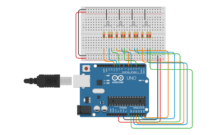 Circuit design Individual control of 4 RGB LEDs - Tinkercad
