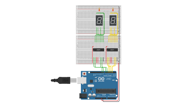 Circuit design Display CD4511 Arduino - Cotador (Dezena,Unidade) | Tinkercad