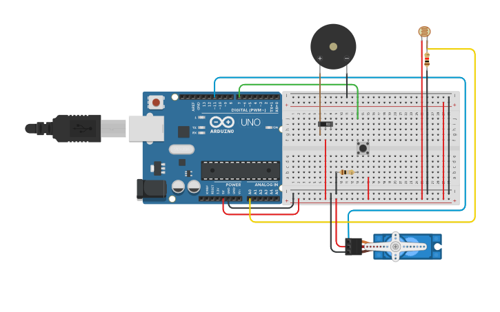 Circuit design Servo + Button + Photo + Speaker - Tinkercad