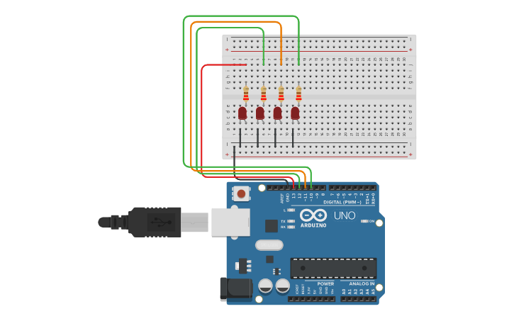 Circuit design 4 LED Sequence Variables and while loops part 2 | Tinkercad
