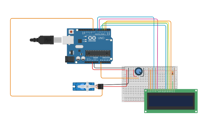 Circuit design servo controlado con potenciometro y pantalla lcd pita - Tinkercad