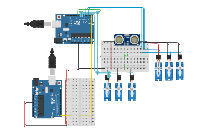 Circuit design Bluetooth and Ultrasonic HC with 6 motors - Tinkercad