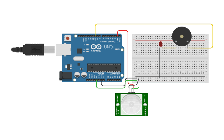 Circuit design PIR Sensor with Buzzer and LED - Tinkercad