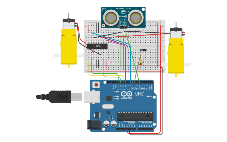 Circuit design Motor driver with ultrasonic sensor | Tinkercad