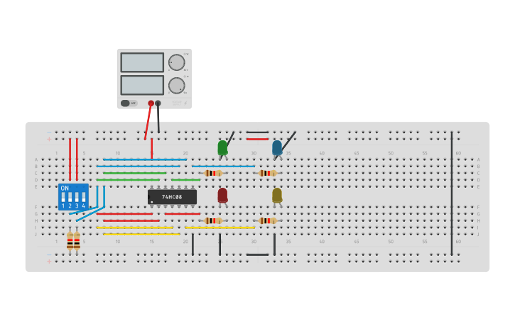Circuit design montaje 4 compuertas AND | Tinkercad