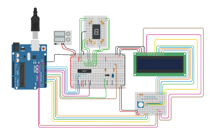 Circuit Design Arduino Dado Electrónico 7 Seg And Lcd And Ddrb Tinkercad
