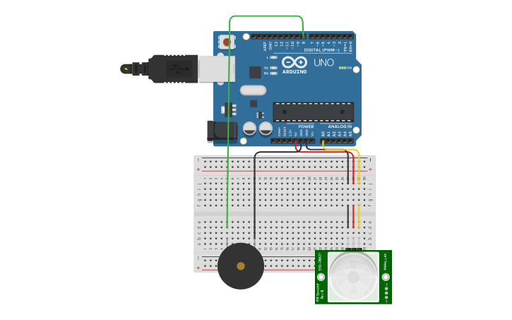 Circuit design Motion detecting sensor by akshatha - Tinkercad