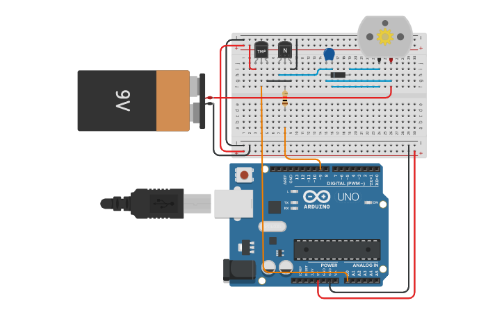 Circuit design EXPERIMENT 3.D. TEMPERATURE-CONTROLLED FAN | Tinkercad