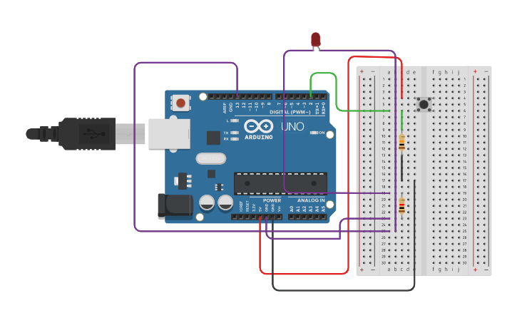 Circuit design push button led blink - Tinkercad