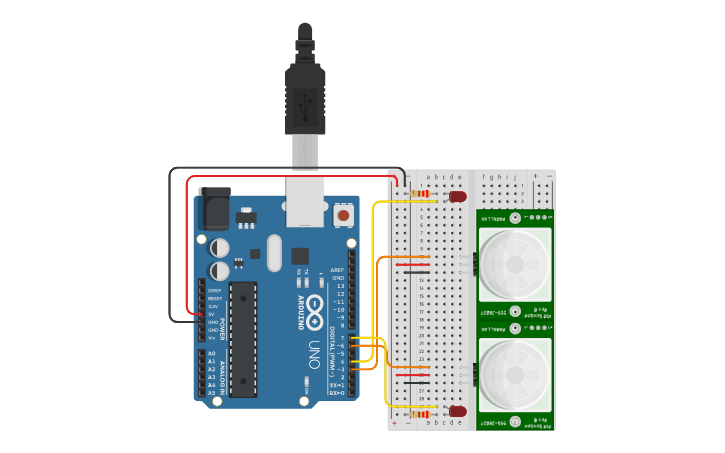 Circuit design Sensor de movimiento con arduino con 2 sensores - Tinkercad