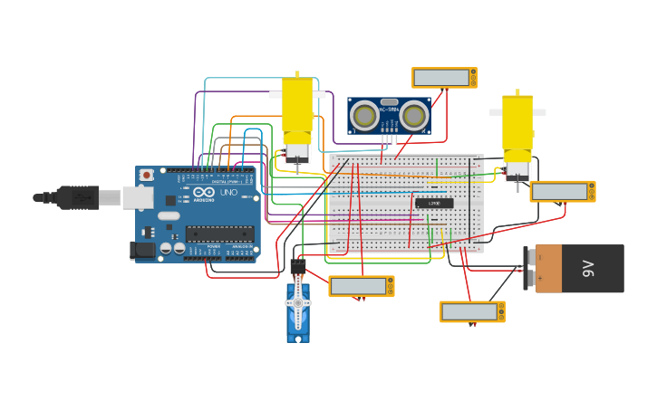 Circuit design Automovil evasor de Obstaculos - Tinkercad