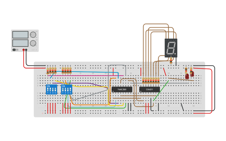 Circuit design Adder with 7 segment display - Tinkercad