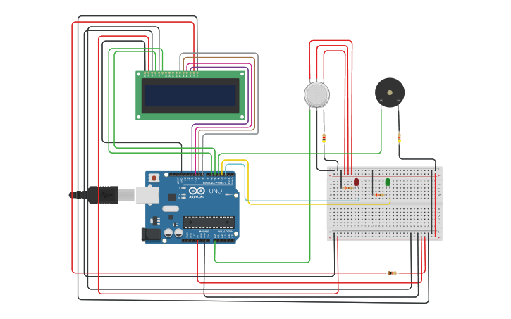Circuit design Sistem Pendeteksi Kebocoran Gas - Tinkercad
